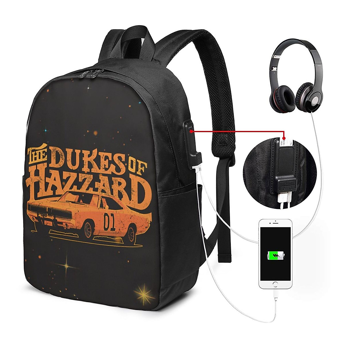 QDUqgTRds The Action Dukes Comedy Of TV Hazzard Backpack,Unisex Basic Book Bags-External Usb Interface,Earphone Cable Interface,Label-Computer Backpacks Suitable for Laptop
