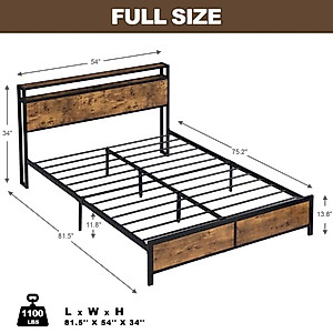 GPCRAC Modern Full Size Bed Frame with LED Lights and 2 USB Ports, Rustic Bed Frame Full Size with 12 Inches of Clearance Space Under The Bed, Noise Free, No Box Spring Needed, Brown (Full)