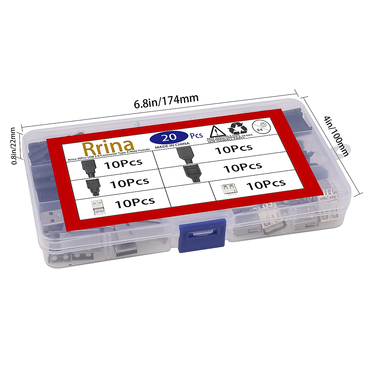 Rrina 20Pcs USB 2.0 Connector Type A Male Female 4 Pin Plug Jack Socket with Black Plastic Cover DIY