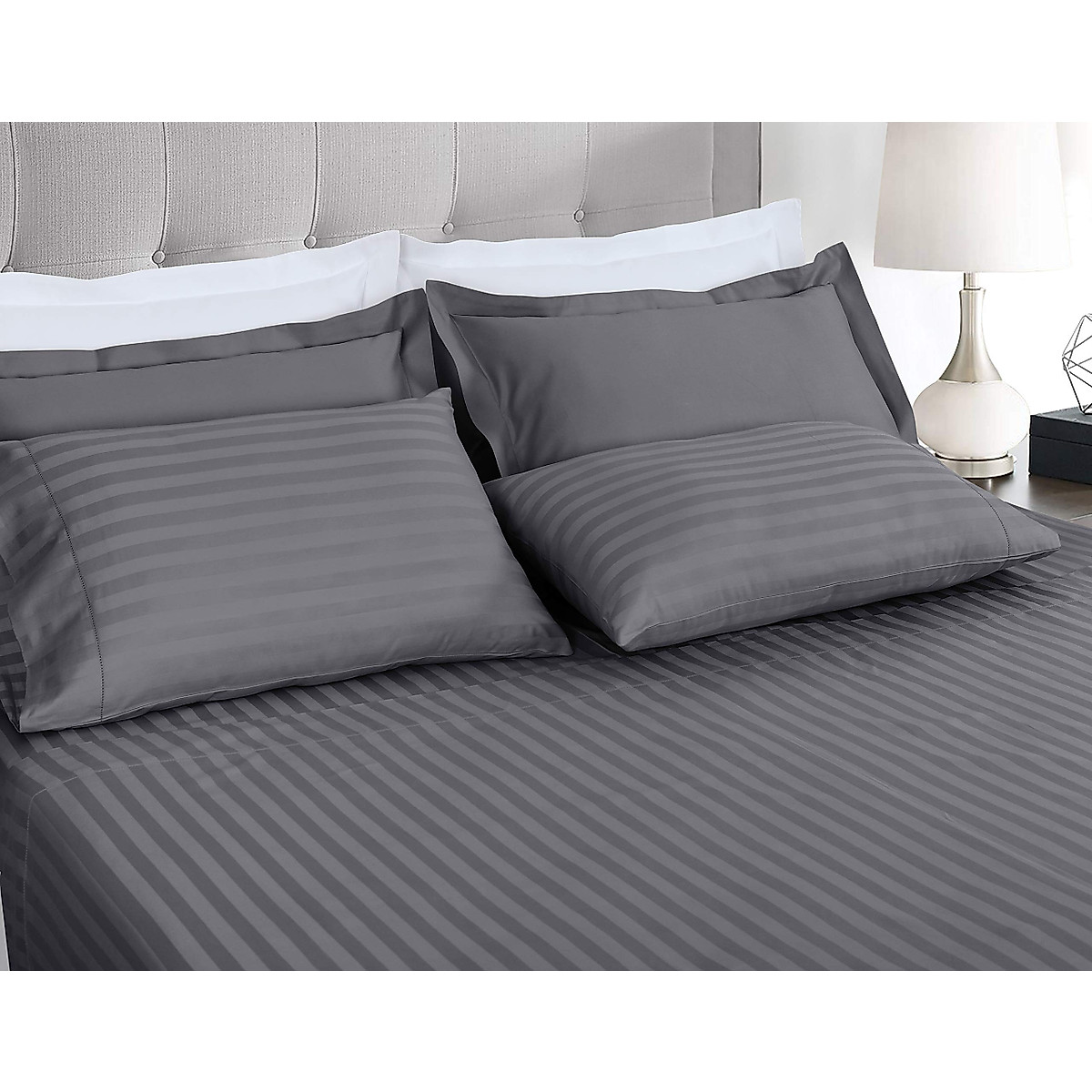 Threadmill 500 Thread Count Queen Size Damask Stripe, 4 Pc Luxury Cotton Sheet Set, Silky Smooth Dark Grey Sheets with 16" Elasticized Deep Pocket, 2 Pillowcases & Free Tote Bag