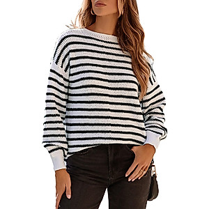 Dokotoo Oversized Crewneck Sweaters for Women 2024 Fall Winter Fashion Color Block Long Sleeve Striped Side Split Sweater Casual Comfy Chunky Knit Pullover Sweaters Tops White Large