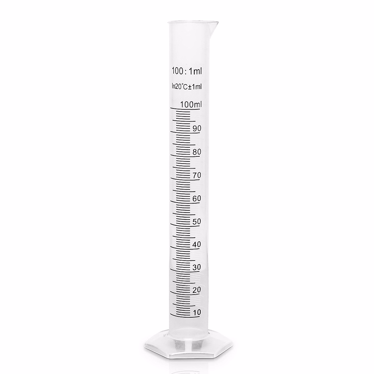 Brewing America 100ml Plastic Graduated Cylinder Beaker - 100ml Science Measuring Test Tube Flask, 2-Sided Marking - Black and Raised Graduation Lines, Pour Spout