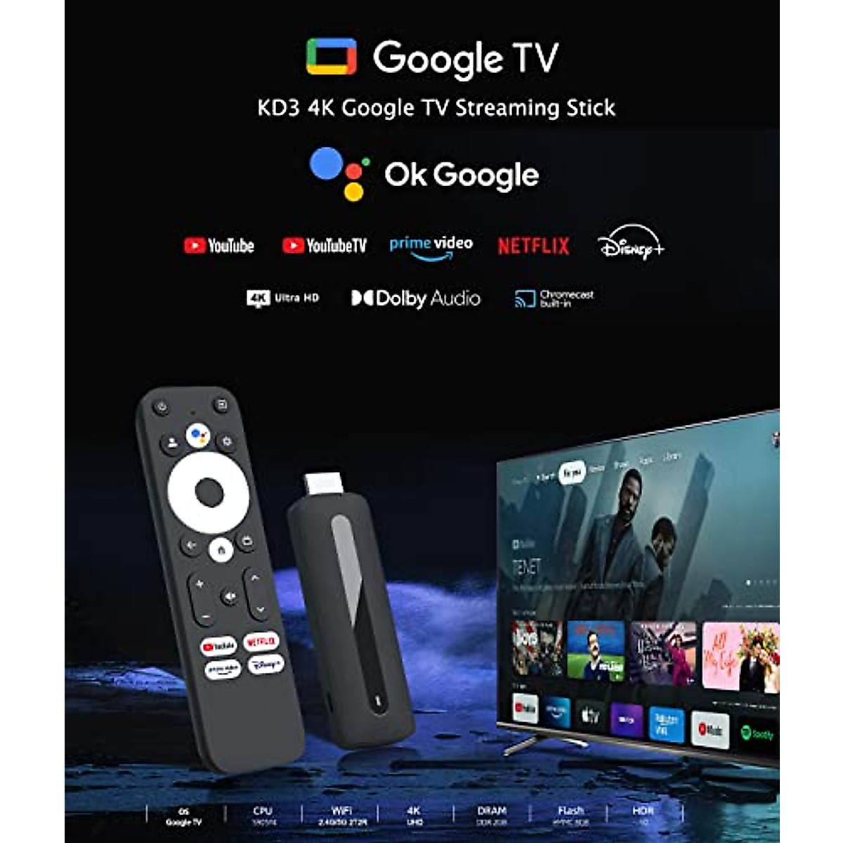 KD3 Google TV OS Android 11.0 Netflix 4K Video YouTube Streaming TV Stick AV1 Supported 2GB RAM 8GB ROM Google Assistant Free OTG Cable