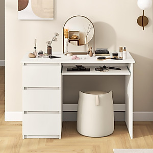 Giantex White Computer Desk with Power Outlet, Modern Office Desk with Keyboard Tray & 3 Large Drawers, 42" Writing Desk Vanity Table with Type-C & USB Ports for Bedroom, White