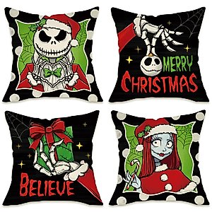 Fahrendom Merry Christmas Believe Decorative Throw Pillow Covers 18x18 Set of 4, Xmas Gift Black Green Patio Porch Outdoor Pillowcase, Polka Dots Jack Skellington Sally Winter Cushion Case Home Decor
