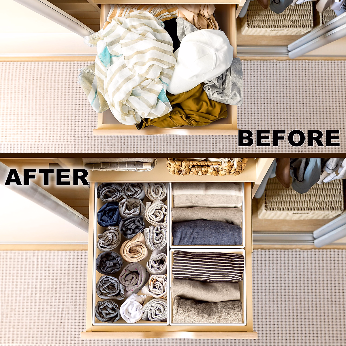 Simple Houseware Foldable Cloth Storage Box Closet Dresser Drawer Divider Organizer Basket Bins for Underwear Bras, Beige (Set of 6)