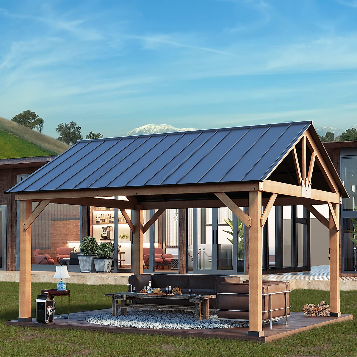 Joyside Cedar Wood Gazebo 13 x 15 ft. Wood Patio Gazebo - Cedar Wood Framed Gazebo with Metal Steel Gable Roof Hardtop Gazebo for Patio, Garden, Lawns and Parties