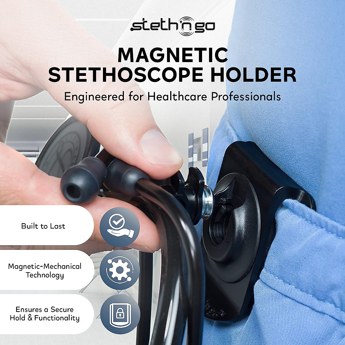 Steth ‘n go Magnetic Stethoscope Holder, Stethoscope Holder Hip Clip Design for Littmann Cardiology and Master Cardiology Stethoscopes, Must-Have Stethoscope Accessories, 1.10 oz