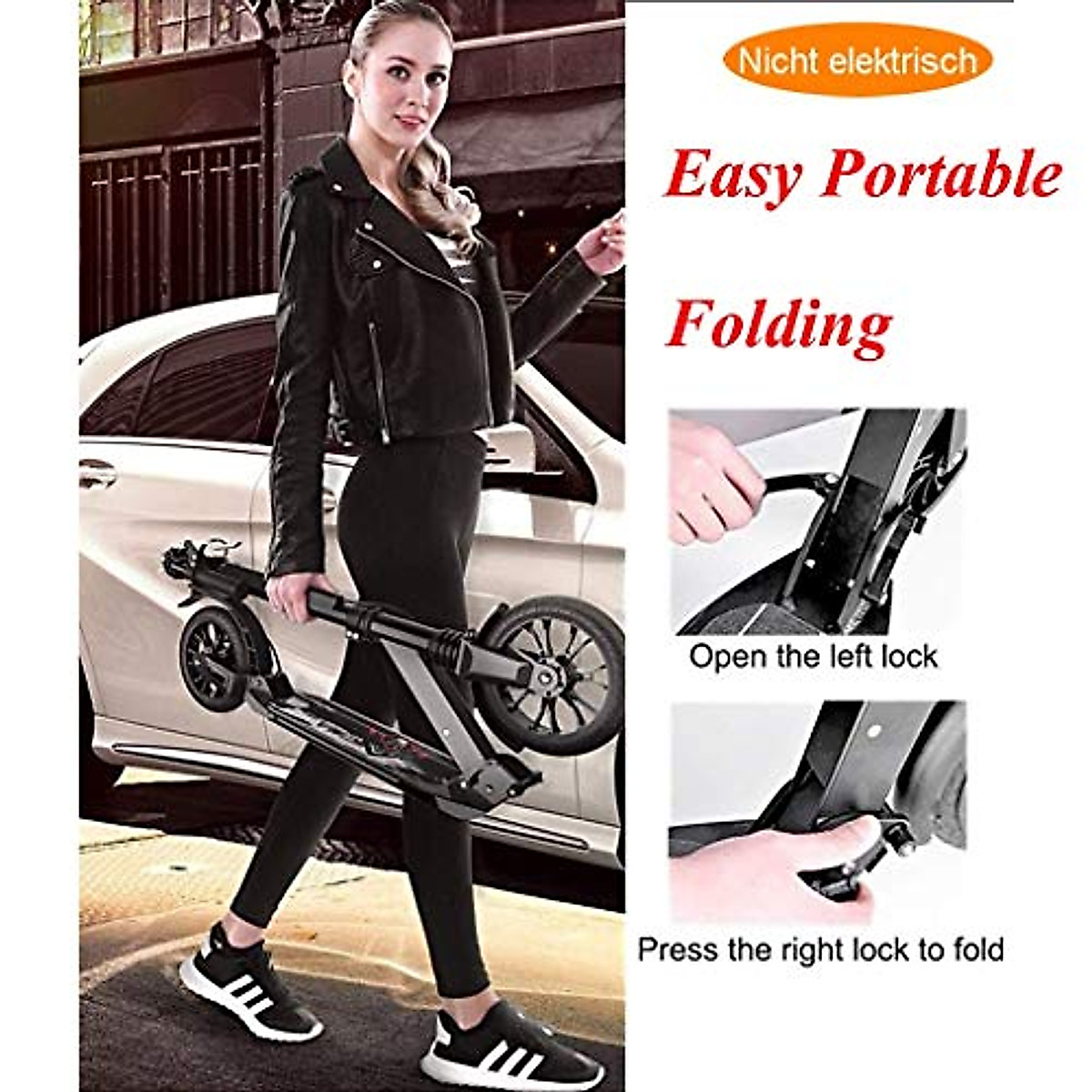 Kick Scooter Folding Adult Kick Scooter with Disc Handbrake, Big Wheels Dual Suspension Commuter Scooter for Teens Young Women Men, Black, Load 150kg(330lbs) (Color : Black)