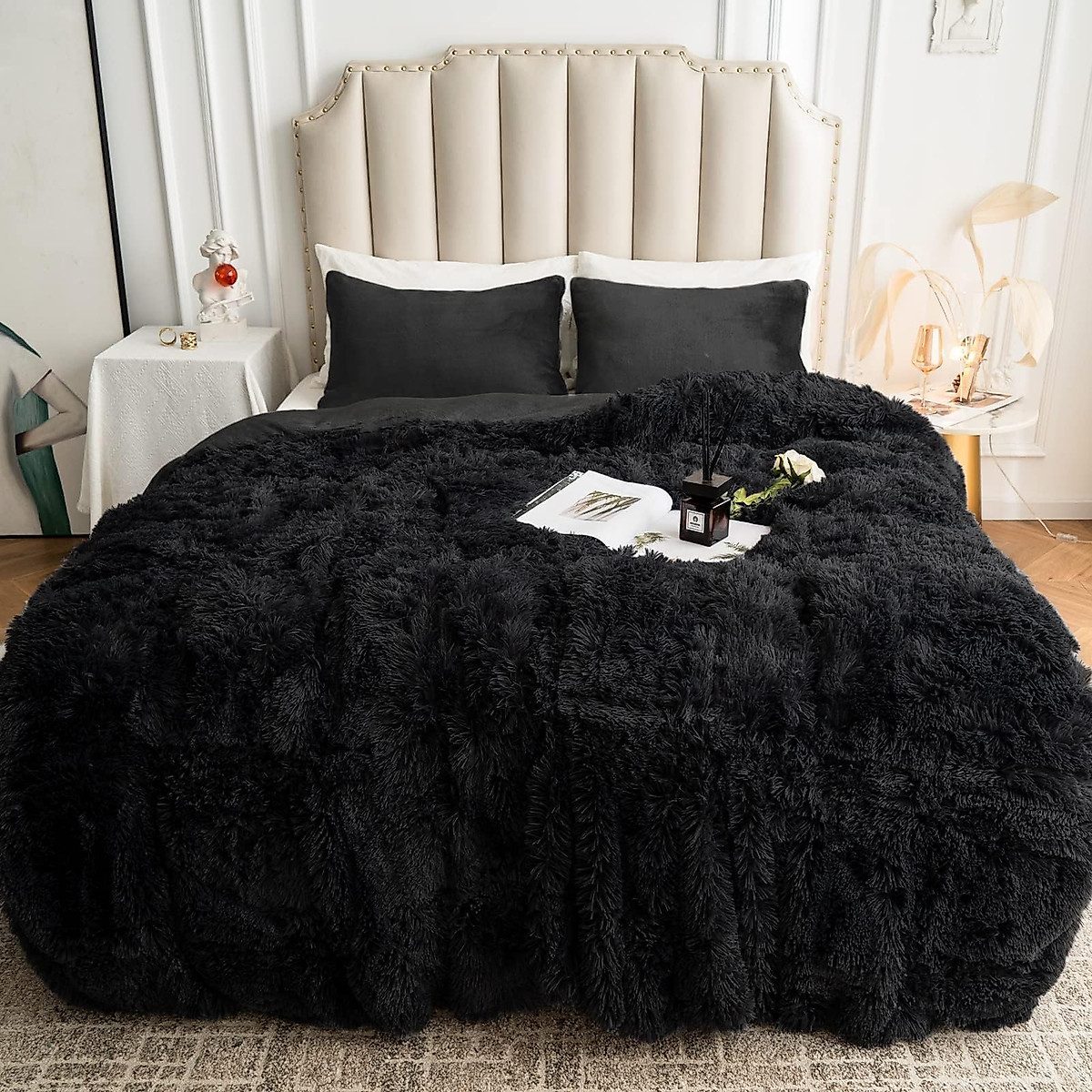 CHOSHOME Plush Shaggy Duvet Cover Twin Size, 3 PCS Fluffy Comforter Fuzzy Flannel Bedding Sets(1 Faux Fur Duvet Cover + 2 Pillowcases), Zipper Closure & 8 Corner Ties, Black