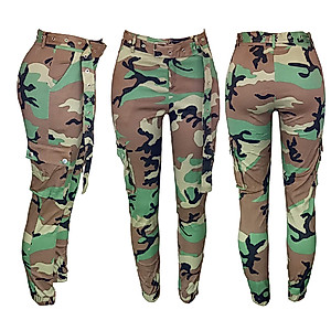 Vakkest Women's Camo Cargo Pants High Waist Slim Fit Trousers Camouflage Active Jogger Pocket Sweatpants with Belt