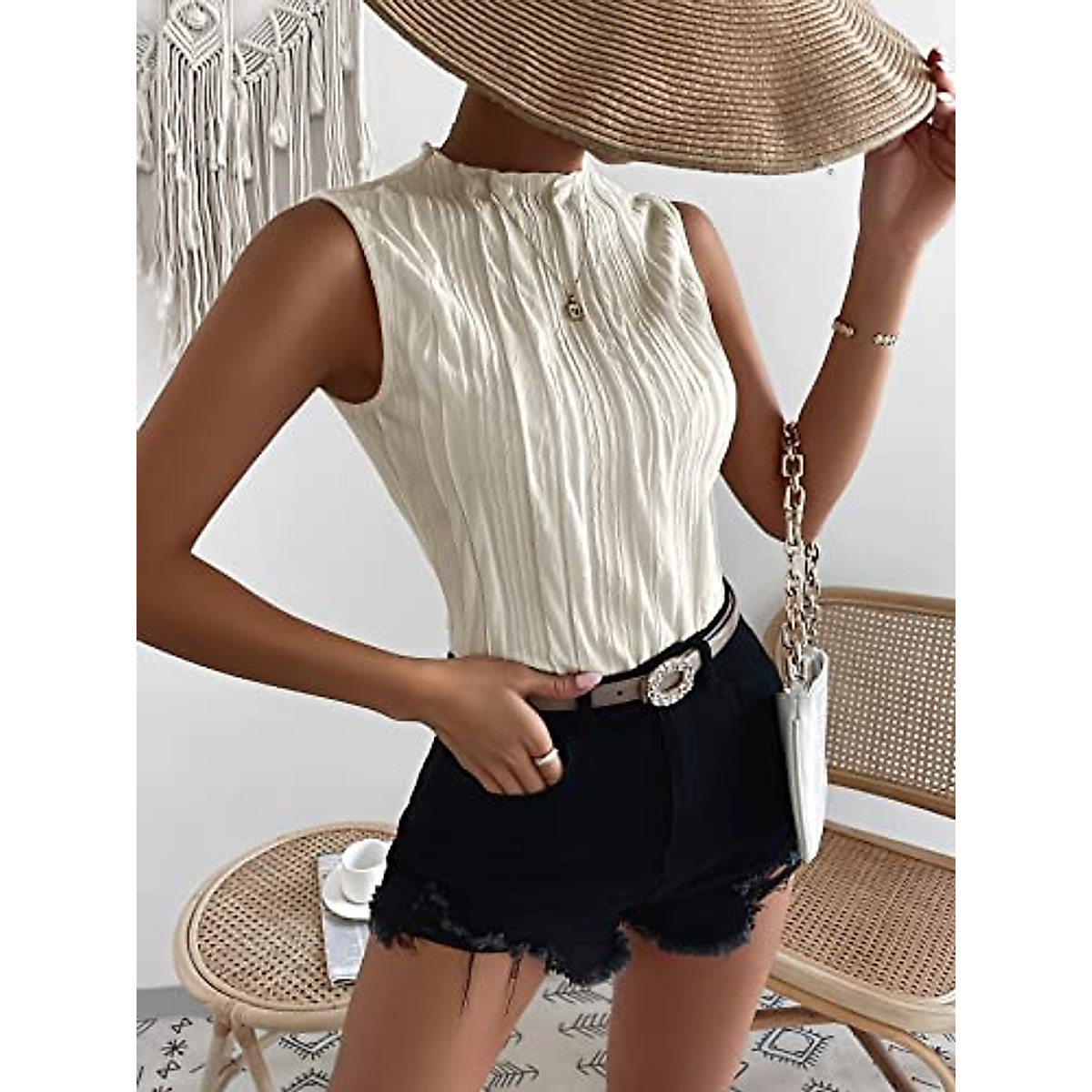 Verdusa Women's Sleeveless Mock Neck Textured Tank Top Beige S