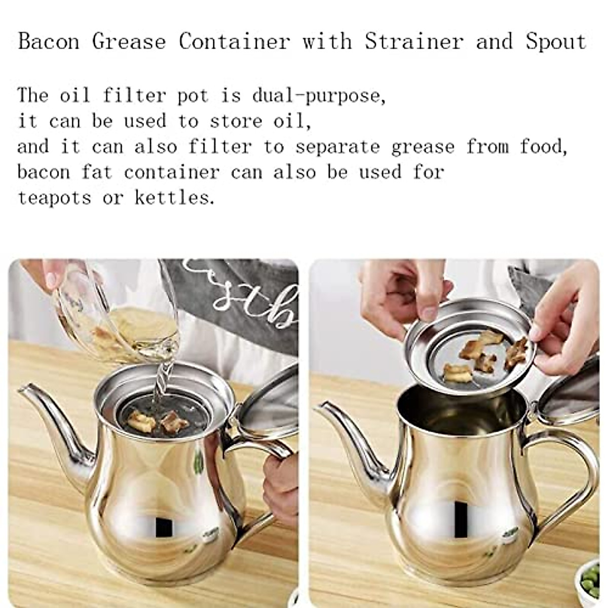 Stainless Steel Oiler with Strainer, Bacon Grease Container with Strainer and Spout, Reusable Stainless Steel Oiler for Bacon Grease, 304 Stainless Steel Oil Strainer Pot for Kitchen (24 oz)