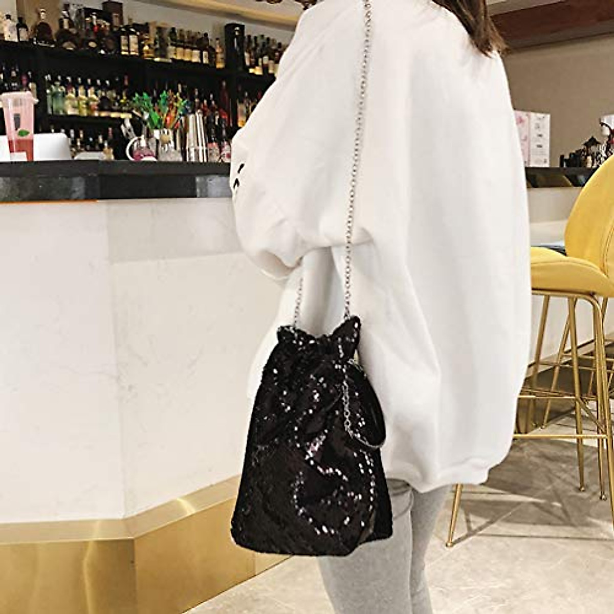 FENICAL Crossbody Bucket Bag Sequin Mermaid Handbag Flippy Tote Bag with Chain Strap for Women Lady Girl - Black