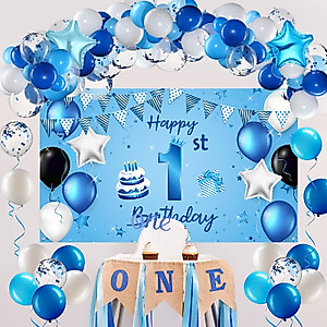 1st Birthday Decorations First Birthday Boy Backdrop 88 Pcs Blue Baby Boy First Party Supplies with Banner Foil Star Balloons Set for Baby Shower Party Decorations Supplies