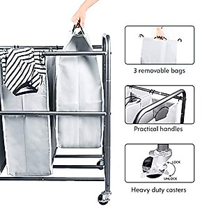 ROMOON Laundry Sorter, Laundry Hamper 3 Section with Heavy Duty Rolling Lockable Wheels, Laundry Basket Organizer with Removable Bags for Dirty Clothes Storage, Grey