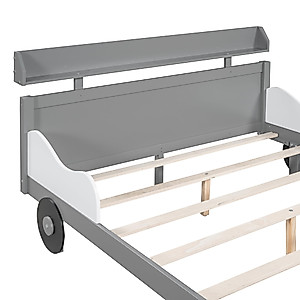 CITYLIGHT Full Size Car Beds for Boys, Full Bed Frame with with Storage Shelf, Wooden Kids Car Full Bed for Boys with Wheels for Child's Bedroom,Grey