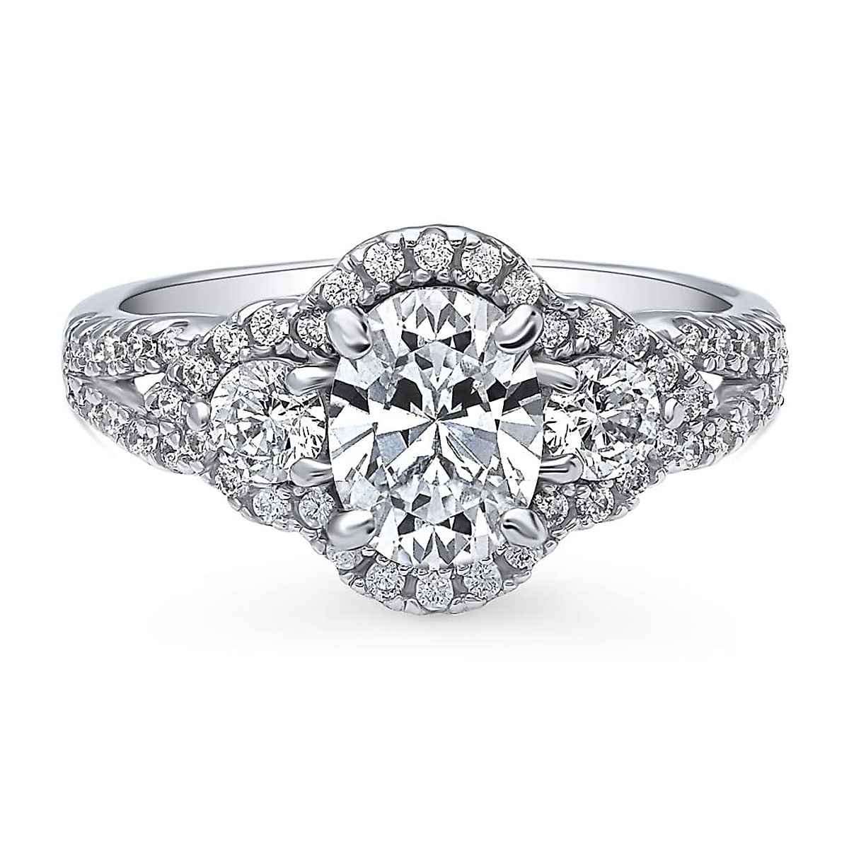 BERRICLE Sterling Silver 3-Stone Wedding Engagement Rings Oval Cut Cubic Zirconia CZ Halo Split Shank Ring for Women, Rhodium Plated Size 7