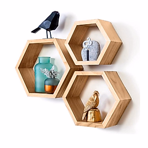 CYYZB Hexagon Floating Shelves,Set of 5 Honeycomb Shelves for Wall,Rustic Brown Wood Farmhouse Storage Home Decor Shelf,Wall Mounted Wooden Hexagonal Shelves for Bedroom Living Room