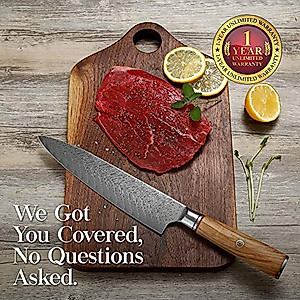 Master Maison Authentic 8" Damascus Steel Chef Knife With Full-Tang Wood Handle, Sheath, Sharpening Stone, Storage Box, & Drying Cloth | AUS-10 Japanese Ultra Sharp Stainless Steel Chef's Knife Set