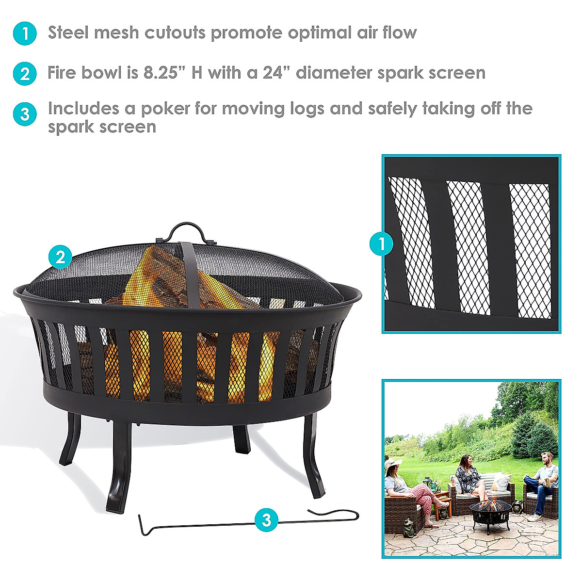 Sunnydaze 25-Inch Steel Wood-Burning Fire Pit with Mesh Stripe Cutouts - Includes Poker and Spark Screen