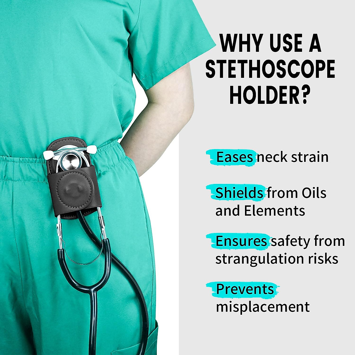 Magnetic Stethoscope Holder for Scrubs, with Leather-Covered Clip for Littmann ＆ Most Stethoscopes, Stethoscope Holder Clip for Scrubs/Belts/Backpacks, Black