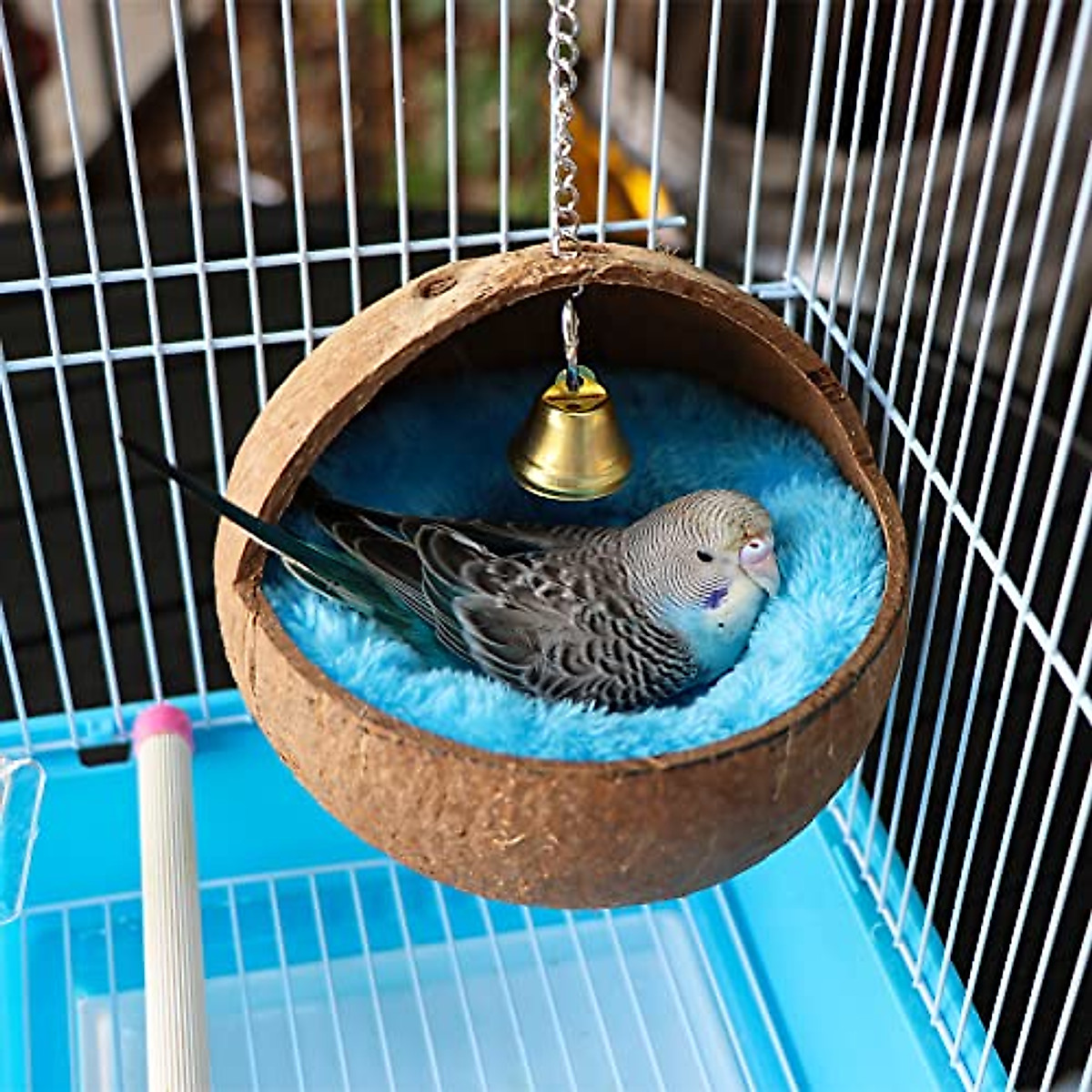 2 Pcs Natural Coconut Shell Bird Nest House Bed Breeding Nesting Anti-Pecking Bite with Warm Pad and Bell for Bird Parrot Budgie Parakeet Cockatiel Conure Lovebird Canary Finch