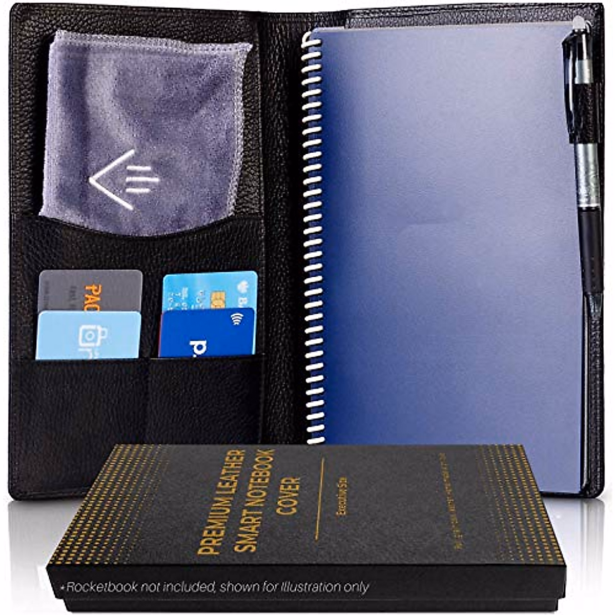 Genuine Leather Folio Cover Compatible with Rocketbook Everlast, Wave, Fusion, Panda | A5 Size Portfolio Organizer with Pen Loop | Fits Executive A5 Size Notebook 6" x 8" | Black