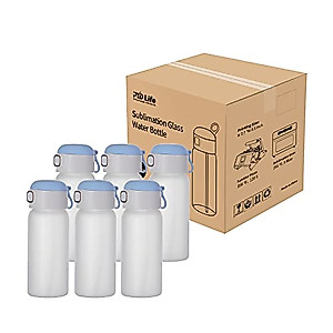 PYD Life Sublimation Glass Blanks Water Bottle 15 OZ Frosted Sippy Up Tumbler Cups with Light Blue Pop Lid and Straw for Tumbler Heat Press 6 Pack