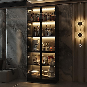 FUNISIR Curio Display Cabinet with Light, 5-Tier Storage Shelves with Pop-up Glass Doors & 3 Color LED Light, Collectibles Cabinet Display Shelf, Bookshelf Showcase for Living Room, Black Glass Door