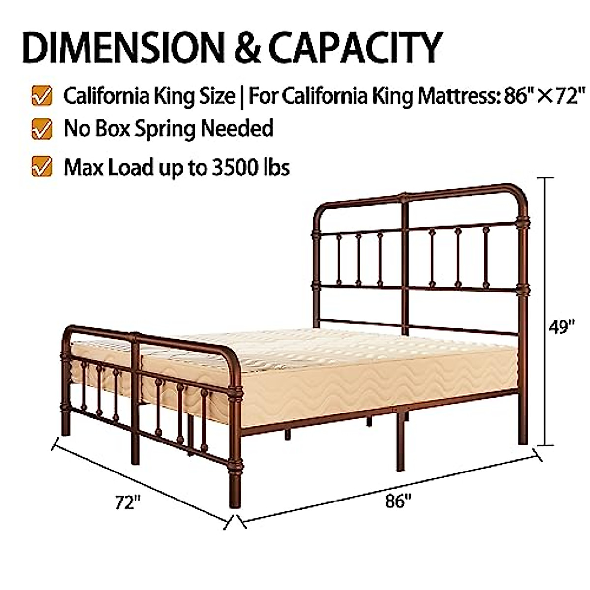 Macbimony Cal-King-Bed-Frame with headboard Giselle-Vintage Antique-Metal - Iron Platform Mattress Foundation,49 inch High,No Box Spring Needed(Brown)