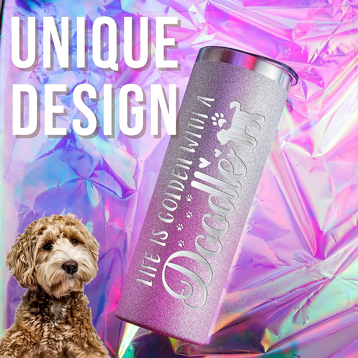 Onebttl Goldendoodle Gifts for Women & Girl, 20oz Stainless Steel Insulated Tumbler, Novelty Golden Doodle Gifts for Dog Lovers, Golden Doodle Dog Mom Gifts - Life is Golden with A Doodle - Pink