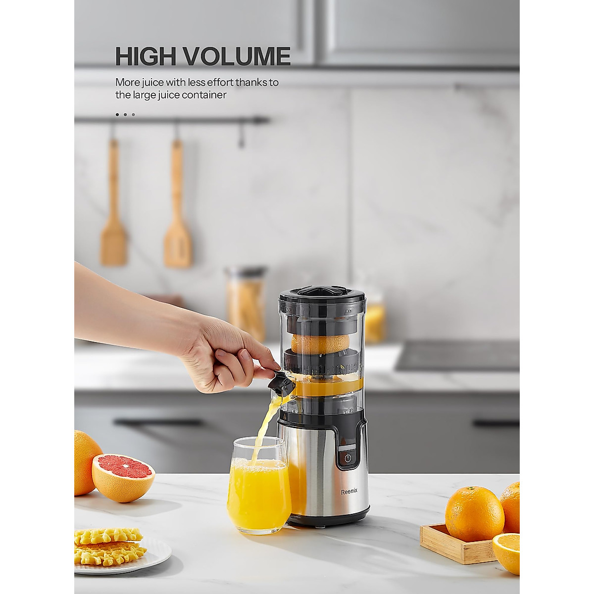 Electric Citrus Juicer, Reemix Lemon Squeezer with Brushed Stainless Steel Body, Fully Automatic One-click Operation Orange Squeezer, Black+Silver