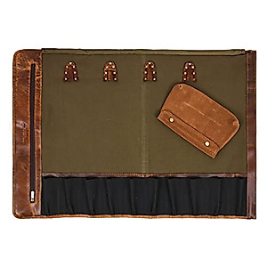 Leather Canvas Knife Roll Storage Bag Expandable 10 Pockets Detachable Shoulder Strap Travel-Friendly Chef Knife Case Roll By Aaron Leather Goods (Louisville, Canvas Leather)