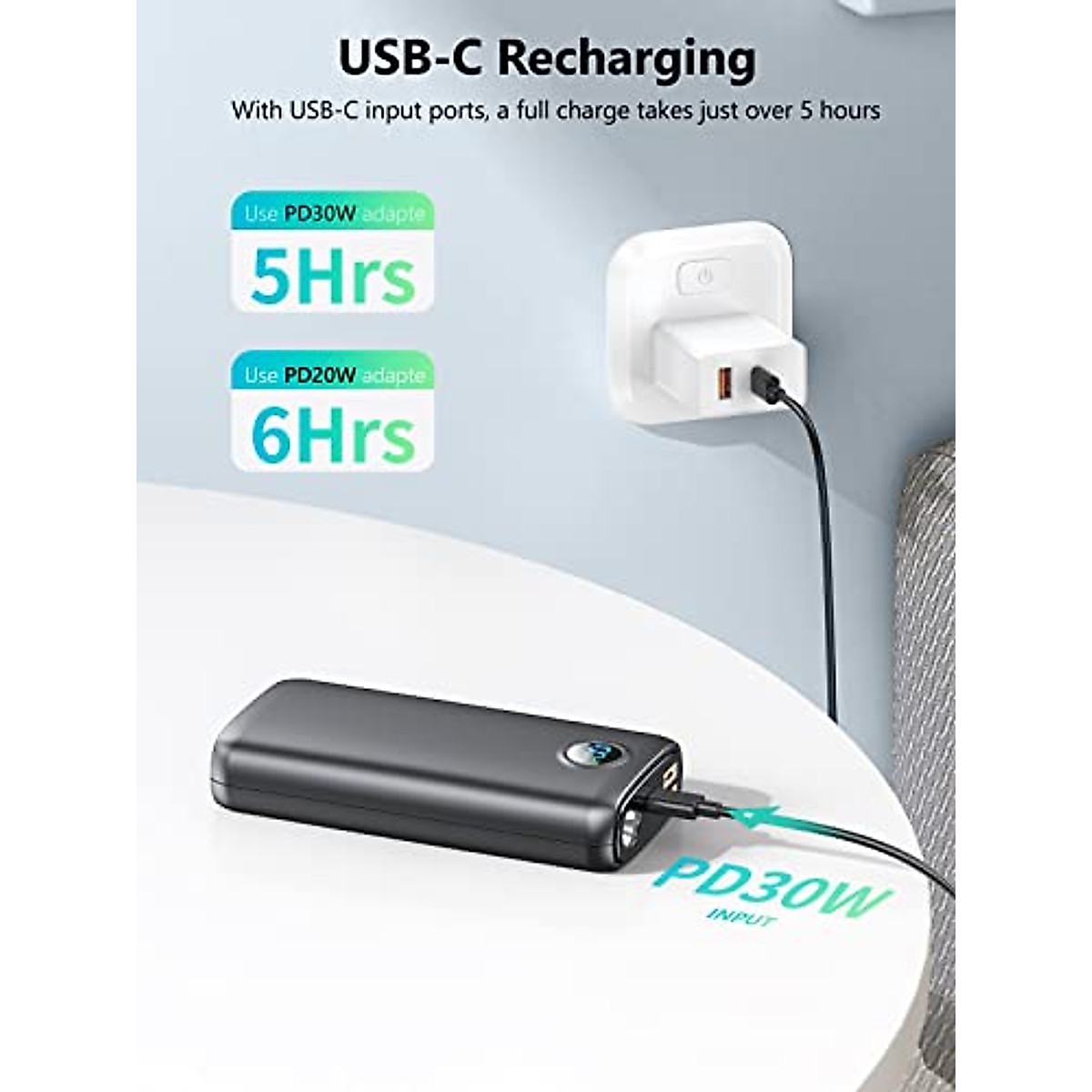 DIAMUAR Portable Charger 30,000mAh-Output Input USB C Fast Charging LED Display SCP22.5W PD3.0 QC4.0 Power Bank, Flashlight External Battery Pack for iPhone, Samsung Galaxy, LG, and More Black