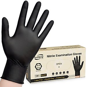 SwiftGrip Disposable Nitrile Exam Gloves, 3-mil, Black Nitrile Gloves Disposable Latex Free for Medical, Cooking & Esthetician, Food-Safe Rubber Gloves, Powder Free, Non-Sterile, 100-ct Box (Large)