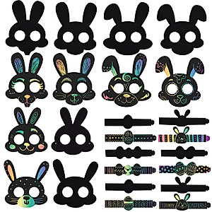 JOYIN 36 PCs Easter Rainbow Scratch Cards Craft Art Set for Kids Including Scratch Card 24 Pendants, 6 Bracelets, 6 Bunny Masks, Kids Easter Craft Kit