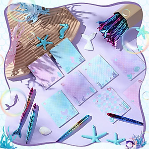 Ireer 48 Pcs Mermaid Pens and Mermaid Note Pads Set Mermaid Party Favors Mermaid School Supplies Cute Sticky Note Pads with Gel Ink Pen for Girls Birthday Gift Decorations School Classroom Awards