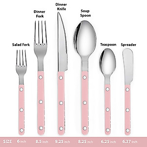 PINKRELLA 6-Piece Stainless Steel Flatware Silverware Cutlery Set - Color Handle with Rivet/Retro Style - Includes Dinner Knife; Dinner Fork; Salad Fork; Soup Spoon; Teaspoon; Spreader (PINK)