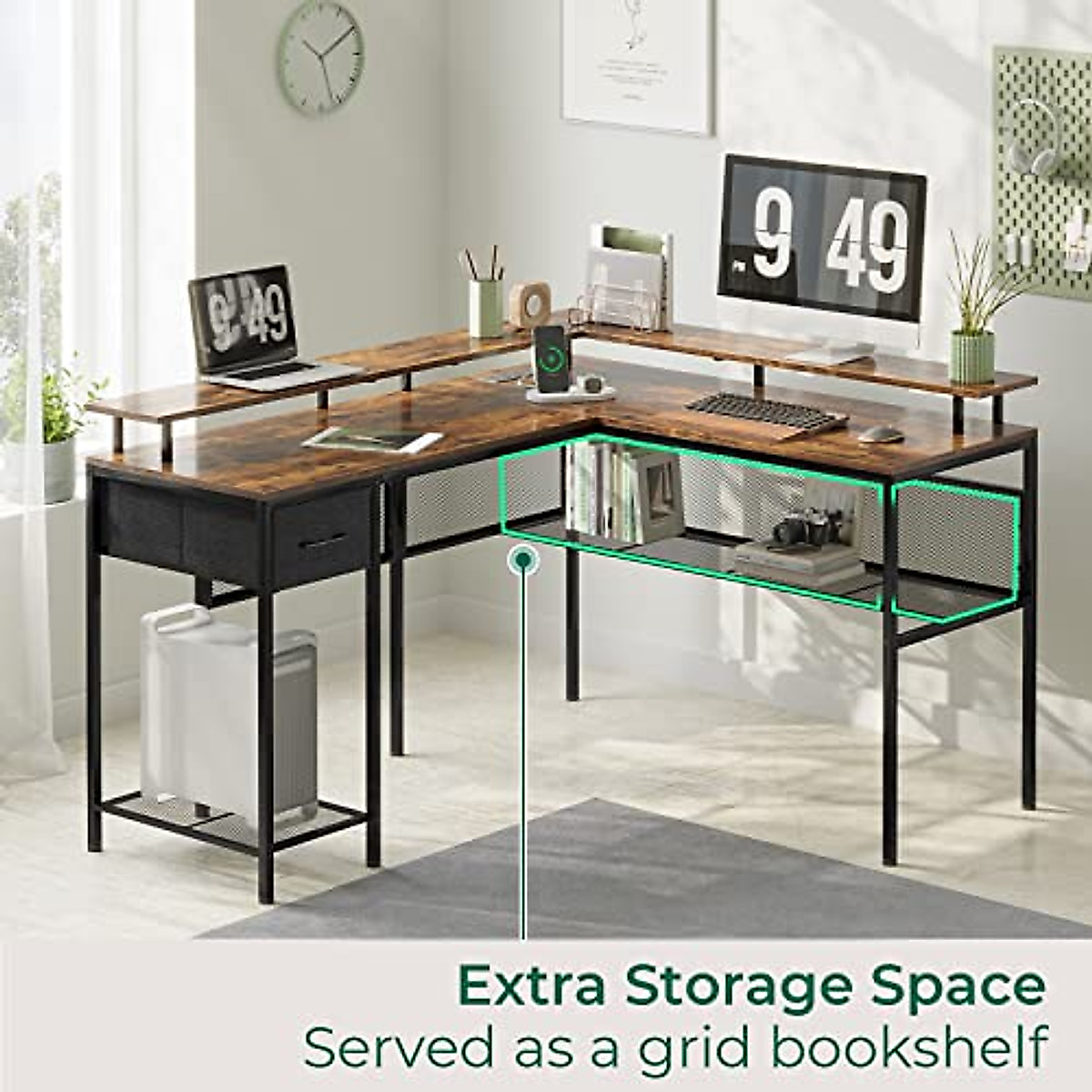 Huuger L Shaped Desk Computer Desk with LED Lights & Power Outlets, Gaming Desk with Storage Shelves, Corner Desk Home Office Desk, Rustic Brown