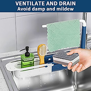 FGSAEOR Telescopic Sink Storage Rack, Adjustable Telescopic 2-in-1 Sink Shelf Rack with a Dish Cloth, Expandable Sponge Soap Holder & Dishcloth Hanger for Sink, Storage Drain Basket for Kitchen (Blue)