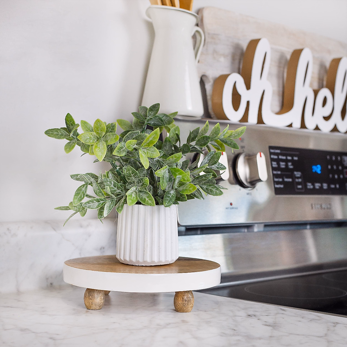 AuldHome Design Farmhouse Round Wooden Risers (Set of 2, White Trim), Rustic Decorative Risers for Display w/ Natural Mango Wood and Enamel Trim