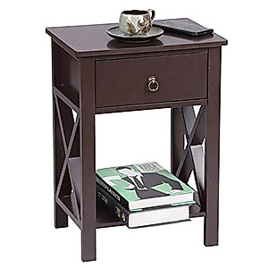 Royard Oaktree Nightstand with Drawer and X-Side Shelf Modern End Side Table with Shelf Storage Wood Night Stand Bedside Table for Bedroom Home Office,Brown