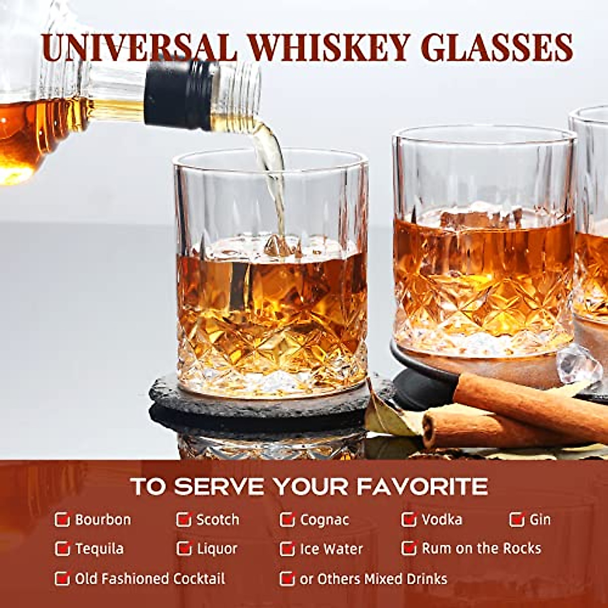 RorAem Whiskey Glasses Set of 4 - Bourbon Glasses Crystal Rocks Glasses Whiskey Gifts for Men Old Fashioned Glasses for Whiskey Cognac Scotch Cocktail Vodka Liquor Rum Home Bar 11oz