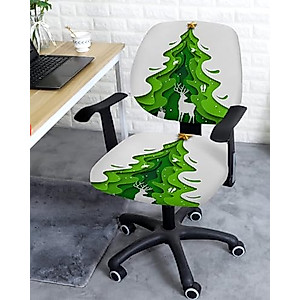 Christmas Tree Office Chair Cover Stretchable Computer Chair Seat Cover Backrest Slipcovers, Stretchable Rotating Desk Chair Seat Cushion Split Protectors Modern Geometric Green Elk Star Bird