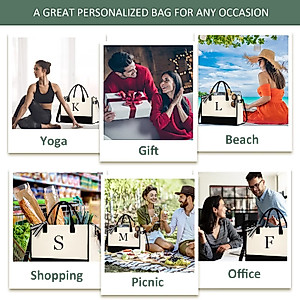 QLOVEA Canvas Beach Tote Bag for Women 16oz Personalized Tote Bag with Shoulder Strap&Zipper&Pockets, Embroidery Initial Canvas Bag for Bridal Shower Hostess Birthday Female Friend Letter H