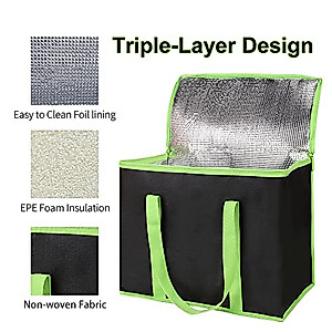 Bodaon 4-Pack Insulated Pizza Delivery Bags, X-Large Reusable Grocery Shopping Bags, Black with Green Edge