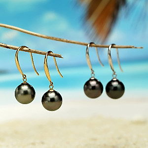 Raivari 18K Gold Diamond 9-10mm Tahitian Black Pearl Drop Dangle Earrings, 4A Quality Round South Sea Cultured Pearl Hook Earrings Gifts For Women