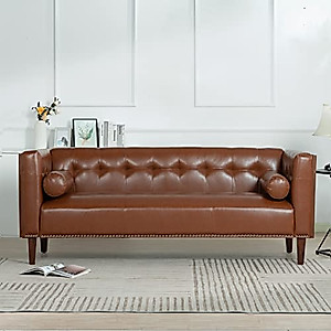 wirrytor Mid-Century Faux Leather 3 Seater Sofa, Modern Upholstered Tufted Leather Sofa Couch Furniture with 2 Bolster Pillows for Living Room Bedroom Office Apartment, Brown