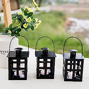 HPC Decor 6PCS Mini Lanterns Decorative for Wedding Centerpieces- Bulk Metal Candle Lanterns w/ LED Tealight & String- Modern Farmhouse Decor for Home, Party, Table, Fireplace, Shelf Decor(Black)